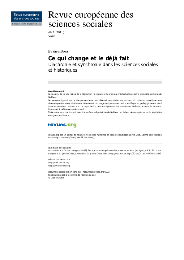 (PDF) "CE QUI CHANGE ET LE DÉJÀ FAIT" Diachronie et synchronie dans les ...