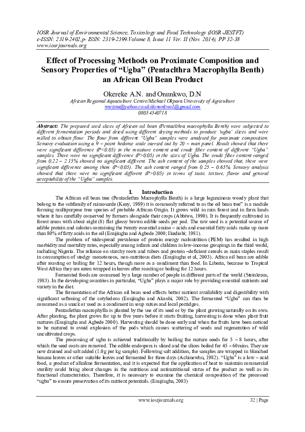 Pdf Effect Of Processing Methods On Proximate Composition And Sensory