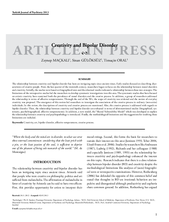 (PDF) Creativity and bipolar disorder