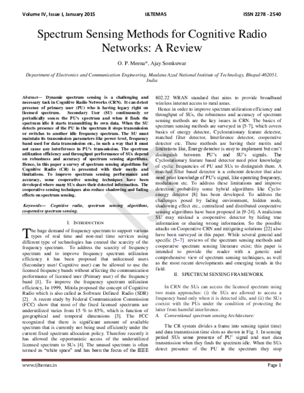 Pdf Spectrum Sensing Methods For Cognitive Radio Networks A Review