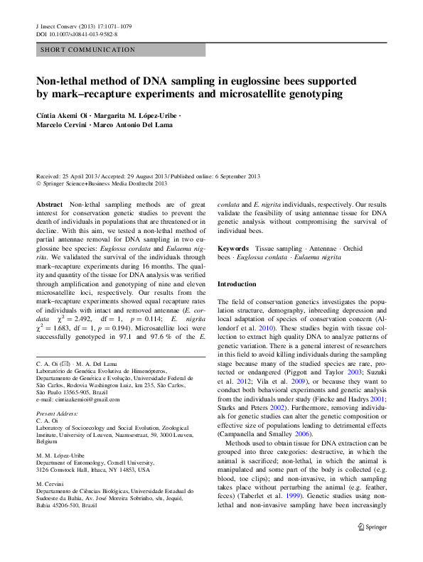 (PDF) Non-lethal method of DNA sampling in euglossine bees supported by ...