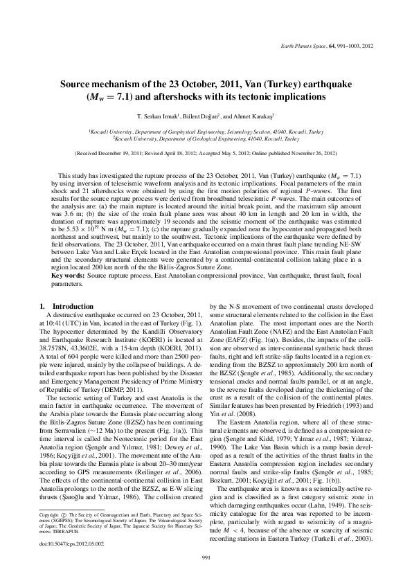 Source Mechanism of the October 23, 2011 Van (Turkey) Earthquake (Mw=7. ...