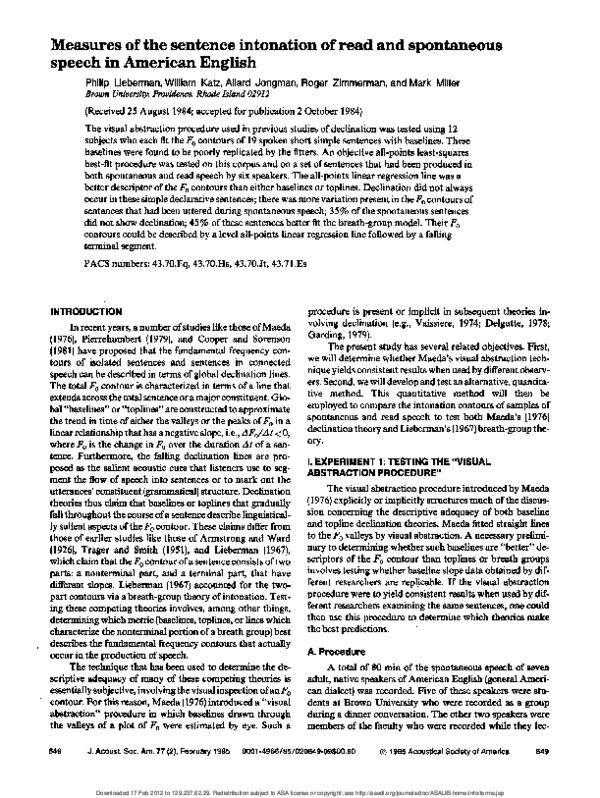 (PDF) Measures of the sentence intonation of read and spontaneous ...
