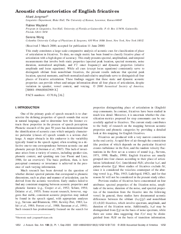 (PDF) Acoustic Characteristics of English Fricatives