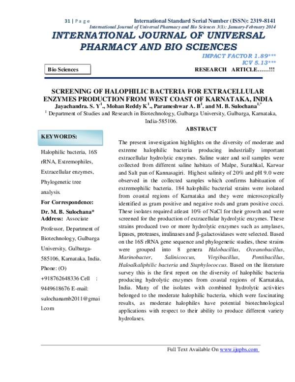 (PDF) SCREENING OF HALOPHILIC BACTERIA FOR EXTRACELLULAR ENZYMES PRODUCTION FROM WEST COAST OF ...