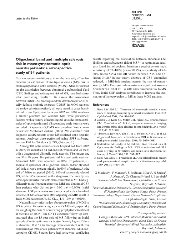 (PDF) Oligoclonal band and multiple sclerosis risk in monosymptomatic optic neuritis patients: a ...