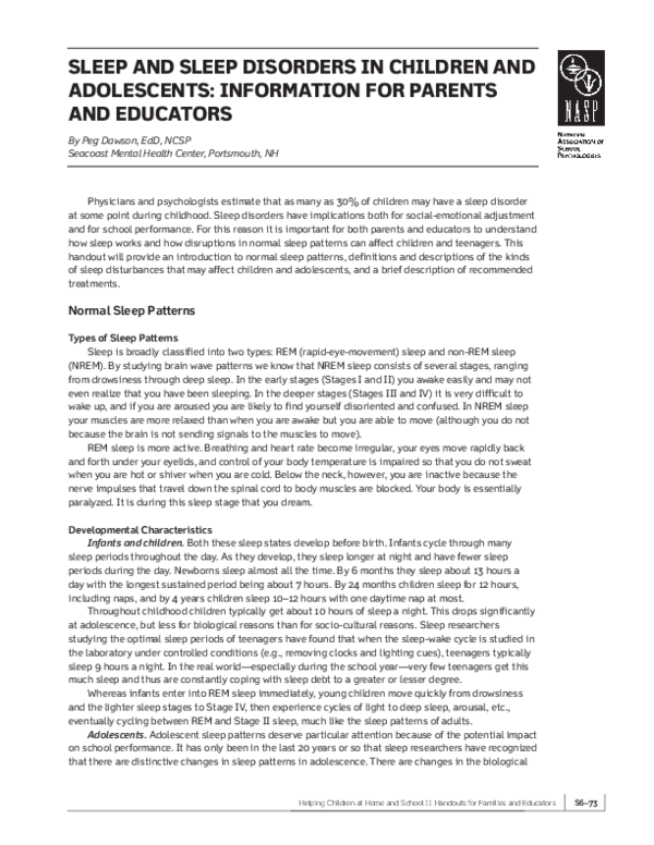 (PDF) SLEEP AND SLEEP DISORDERS IN CHILDREN AND ADOLESCENTS ...