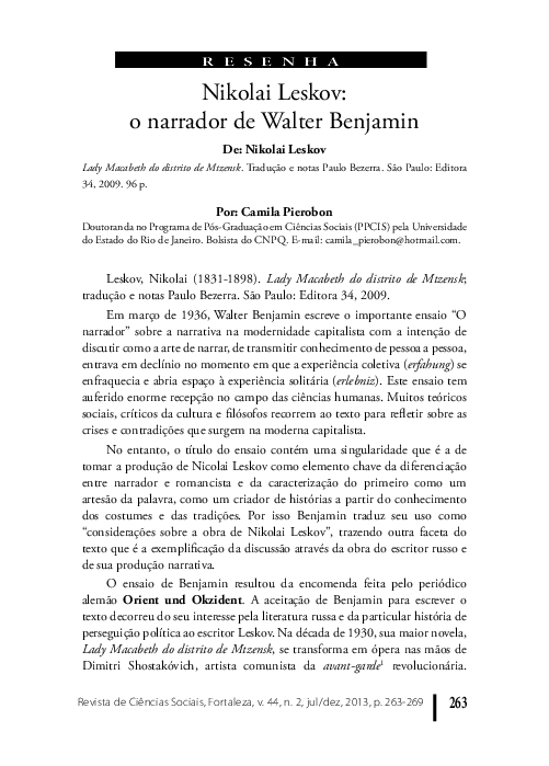 (PDF) 2013. Nikolai Leskov: o narrador de Walter Benjamin
