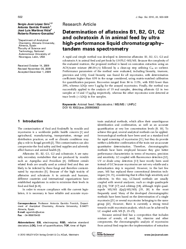 (PDF) Determination of aflatoxins B1, B2, G1, G2 and ochratoxin A in animal feed by ultra high ...