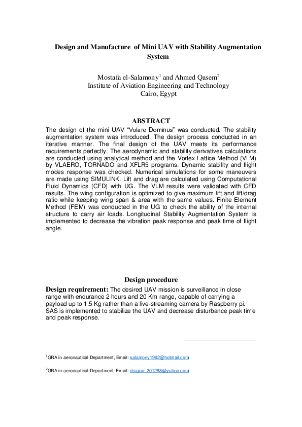 Design and Manufacture of Mini UAV 'Volare Dominus' with Stability ...