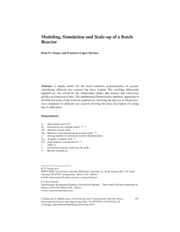 Pdf Modeling Simulation And Scale Up Of A Batch Reactor