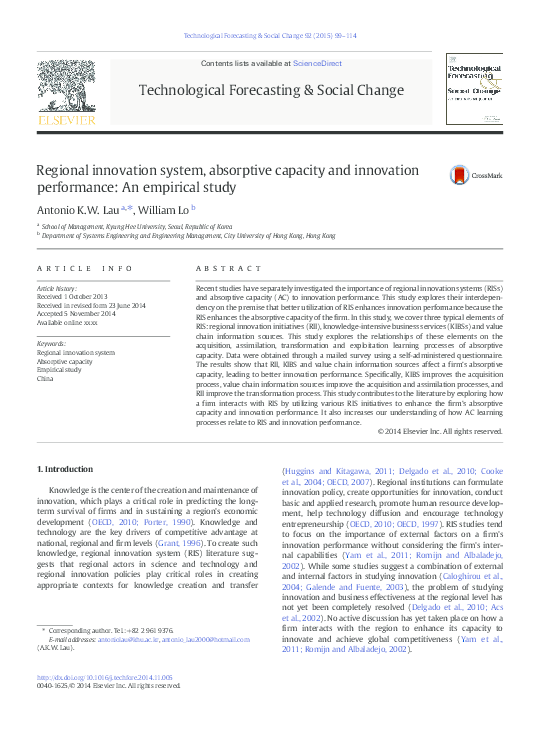(PDF) Regional innovation system, absorptive capacity and innovation performance: An empirical study