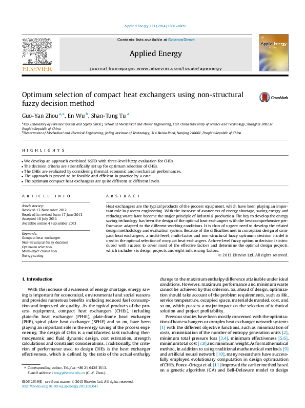 (PDF) Optimum selection of compact heat exchangers using non-structural fuzzy decision method