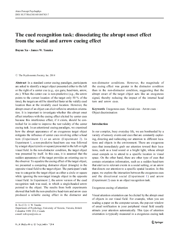 (PDF) The cued recognition task: dissociating the abrupt onset effect from the social and arrow ...