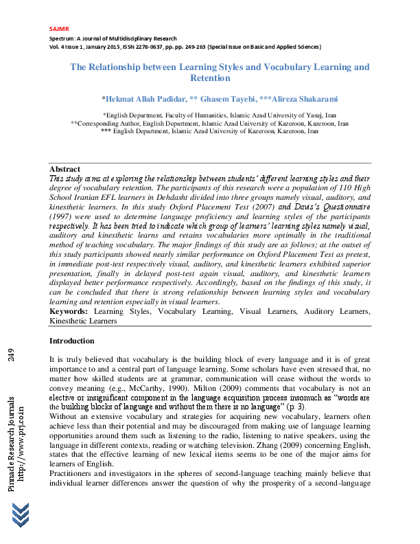 (PDF) The Relationship between Learning Styles and Vocabulary Learning ...