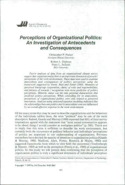 (PDF) Perceptions of organizational politics: An investigation of antecedents and consequences