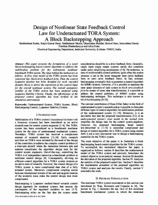 (PDF) Design of nonlinear state feedback control law for underactuated ...