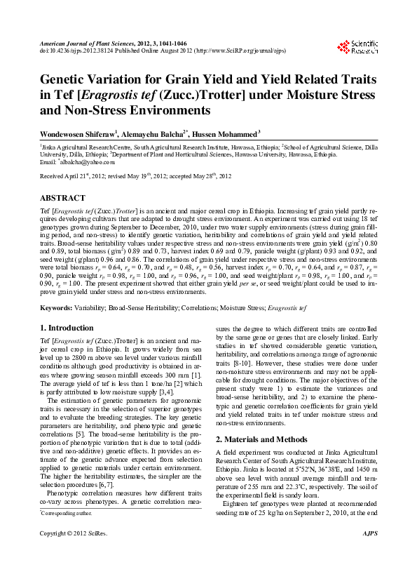 Pdf Genetic Variation For Grain Yield And Yield Related Traits In Tef [eragrostis Tef Zucc