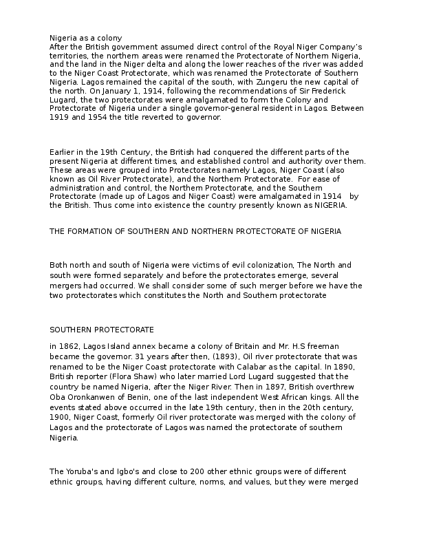 (DOC) THE FORMATION OF SOUTHERN AND NORTHERN PROTECTORATE OF NIGERIA