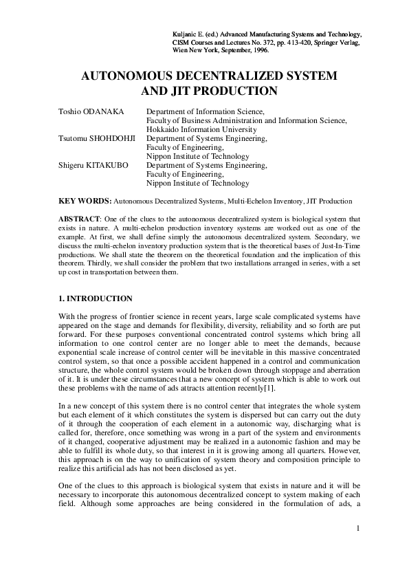 (PDF) Autonomous Decentralized System and JIT Production