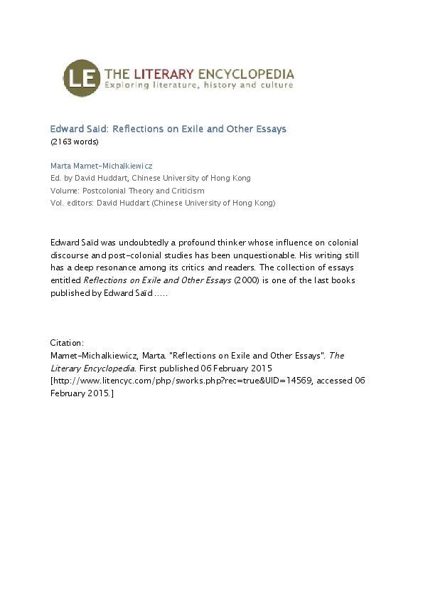 (PDF) Edward Said: Reflections on Exile and Other Essays