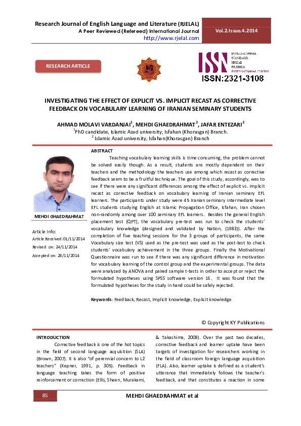 (PDF) INVESTIGATING THE EFFECT OF EXPLICIT VS. IMPLICIT RECAST AS ...