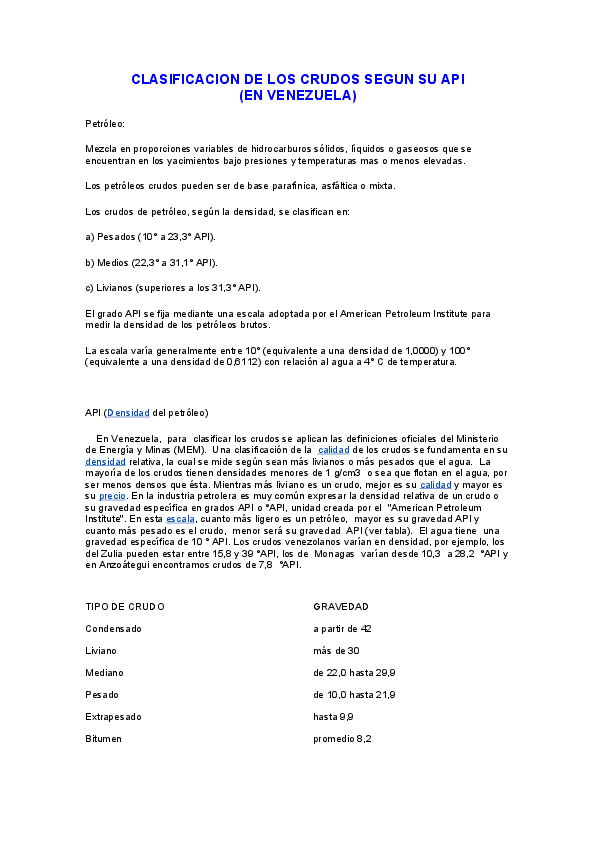 (PDF) CLASIFICACION DE LOS CRUDOS SEGUN SU API (EN VENEZUELA