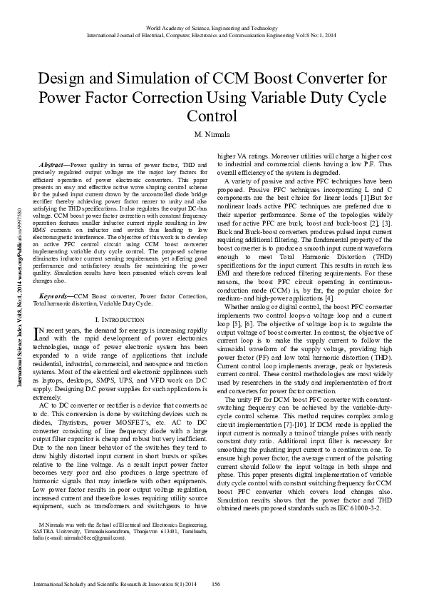 Pdf Design And Simulation Of Ccm Boost Converter For Power Factor Correction Using Variable