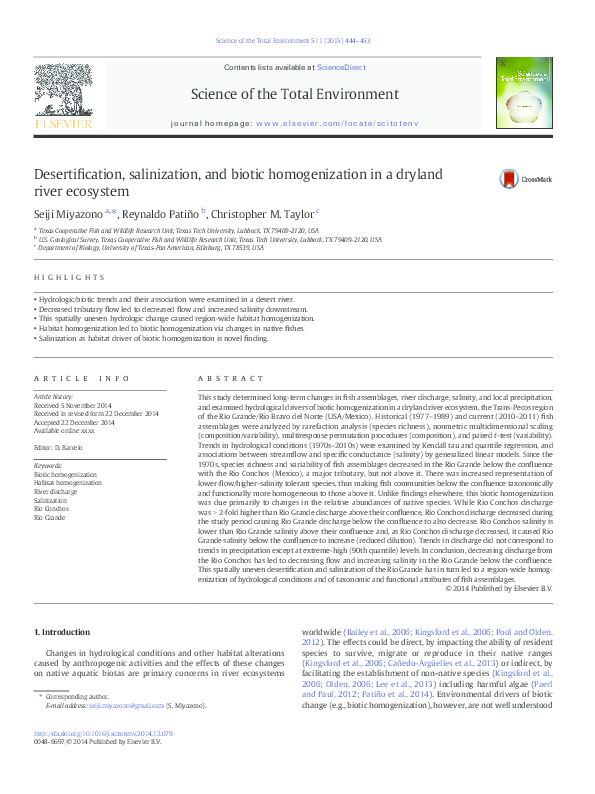 (PDF) Desertification, salinization, and biotic homogenization in a dryland river ecosystem
