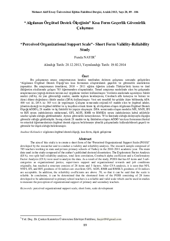 (PDF) Perceived Organizational Support Scale”- Short Form Validity-Reliability Study