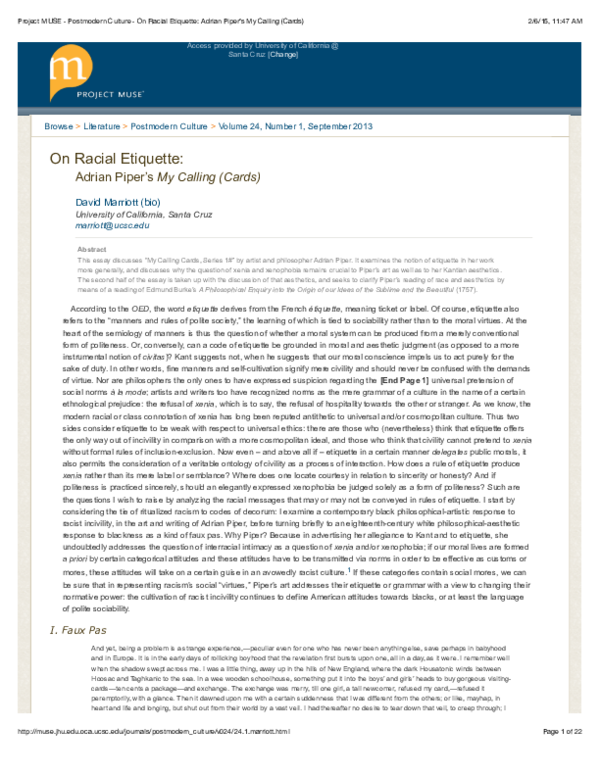(PDF) On Racial Etiquette: Adrian Piper's "My Calling Cards"