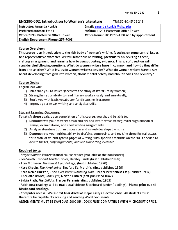 (PDF) Intro to Women's Literature Syllabus