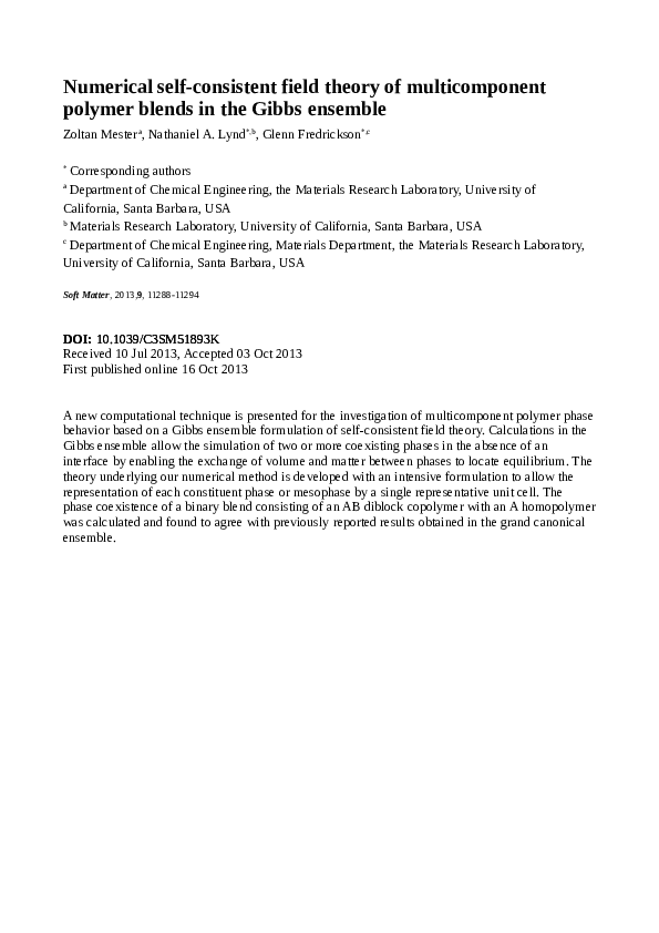 Pdf Numerical Self Consistent Field Theory Of Multicomponent Polymer Blends In The Gibbs Ensemble