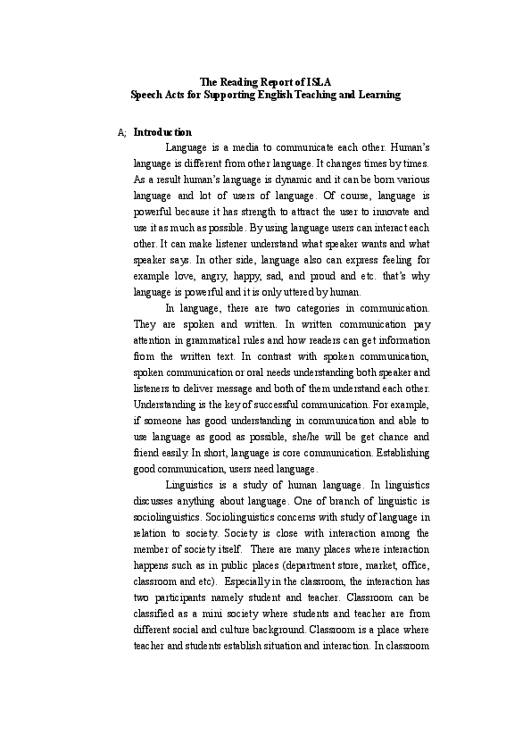 (DOC) The Implication of Speech Act in Language Teaching (DOC) The Implication of Speech Act in Language Teaching