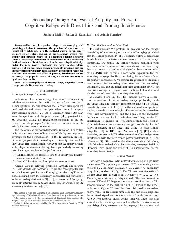 Pdf Secondary Outage Analysis Of Amplify And Forward Cognitive Relays With Direct Link And