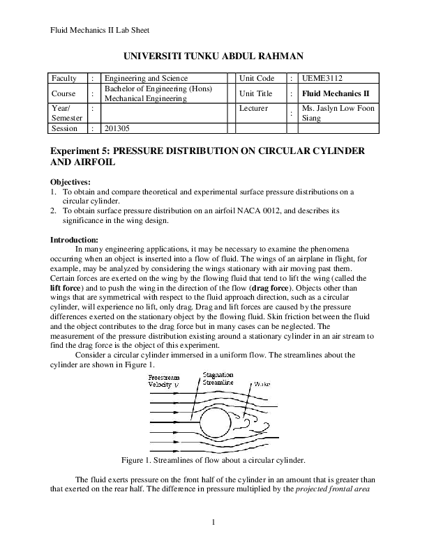 (PDF) Fluid Mechanics II Lab Sheet 1 Experiment 5: PRESSURE ...