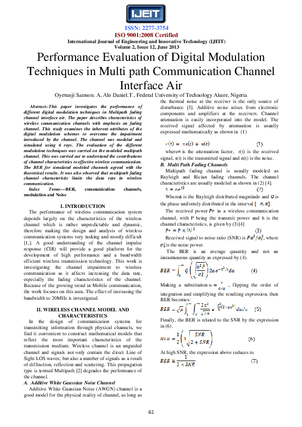 Pdf Performance Evaluation Of Digital Modulation Techniques In Multi