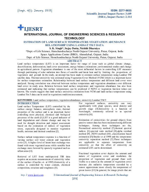 Pdf Estimation Of Land Surface Temperature Vegetation Abundance Relationship Using Landsat Tm