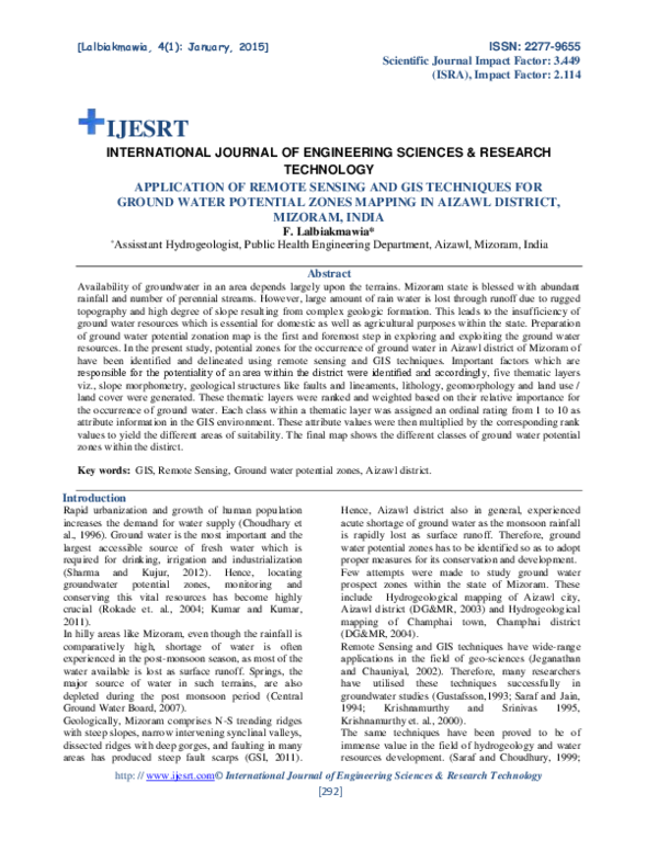 Pdf Application Of Remote Sensing And Gis Techniques For Ground Water Potential Zones Mapping