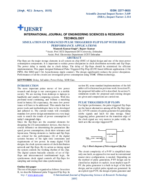 Pdf Simulation Of Enhanced Pulse Triggered Flip Flop With High Performance Applications