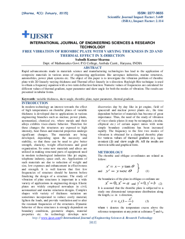 (PDF) FREE VIBRATION OF RHOMBIC PLATE WITH VARYING THICKNESS IN 2D AND ...