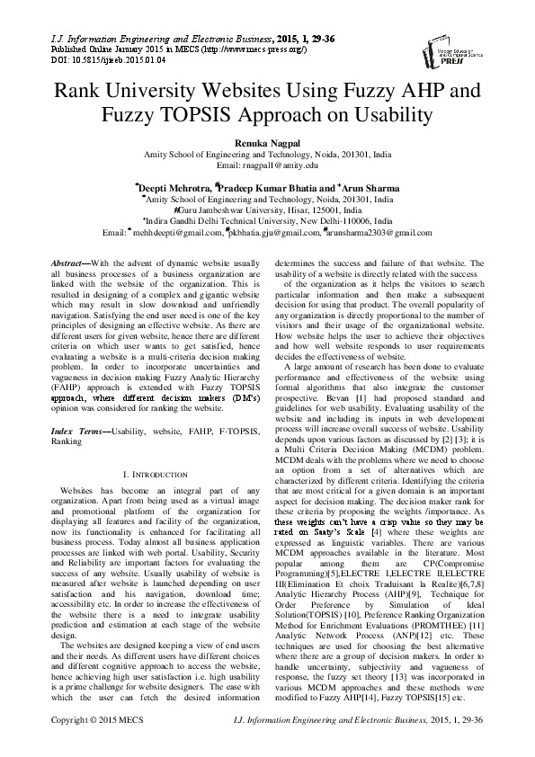 Pdf Rank University Websites Using Fuzzy Ahp And Fuzzy Topsis Approach On Usability