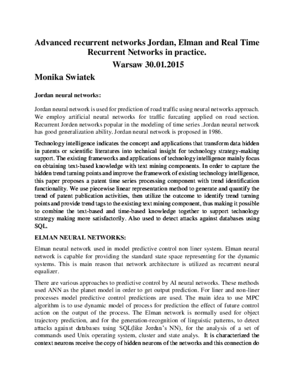 (PDF) Advanced recurrent networks Jordan, Elman and Real Time Recurrent ...
