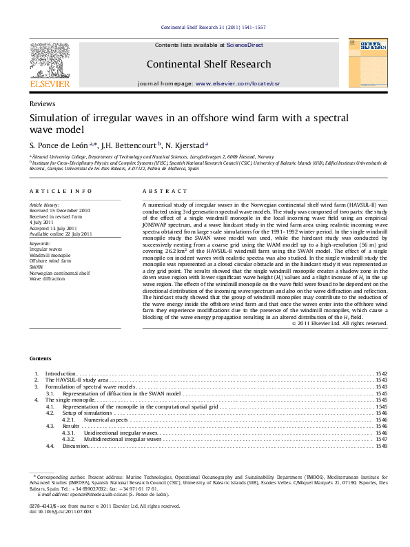 (PDF) Simulation of irregular waves in an offshore windfarm with a spectral wave model