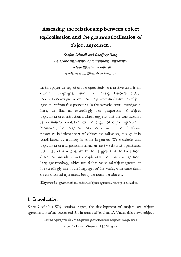 (PDF) Assessing the relationship between object topicalisation and the grammaticalisation of ...