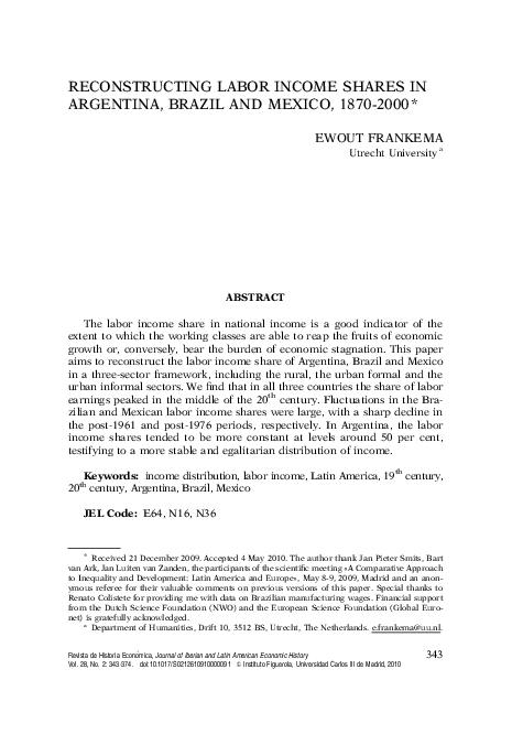 (PDF) Reconstructing labor income shares in Argentina, Brazil and Mexico, 1870-2000