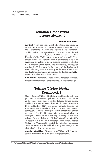 (PDF) Tocharian-Turkic lexical correspondences, I