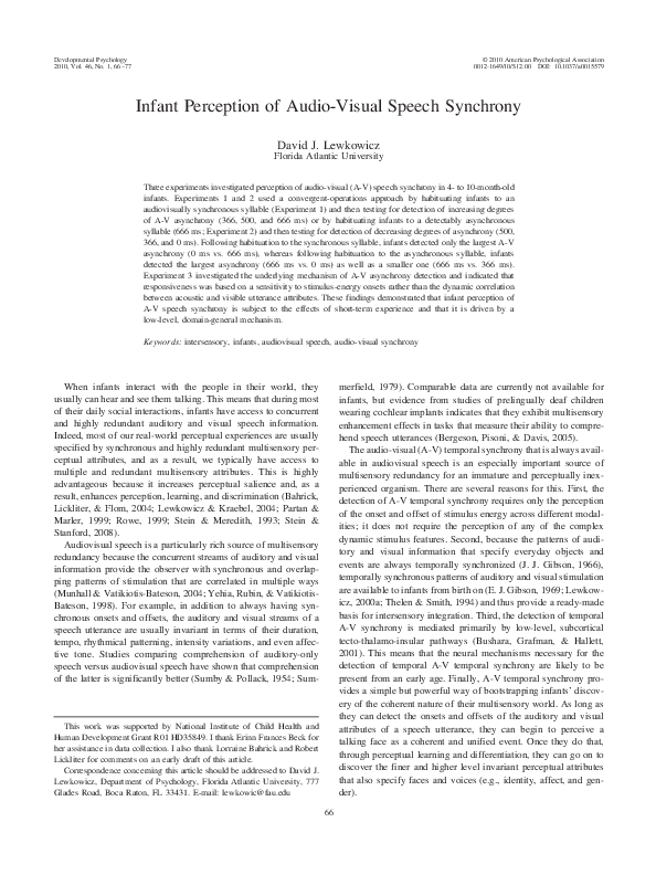 (PDF) Infant Perception of Audio-Visual Speech Synchrony