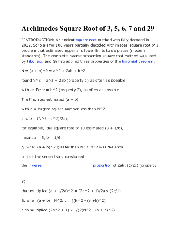 (DOC) Archimedes Square Root of 3, 5, 6, 7 and 29, and Sulba-sutra ...