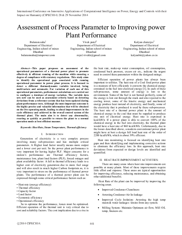 Assessment of Process Parameter to Improving power Plant Performance